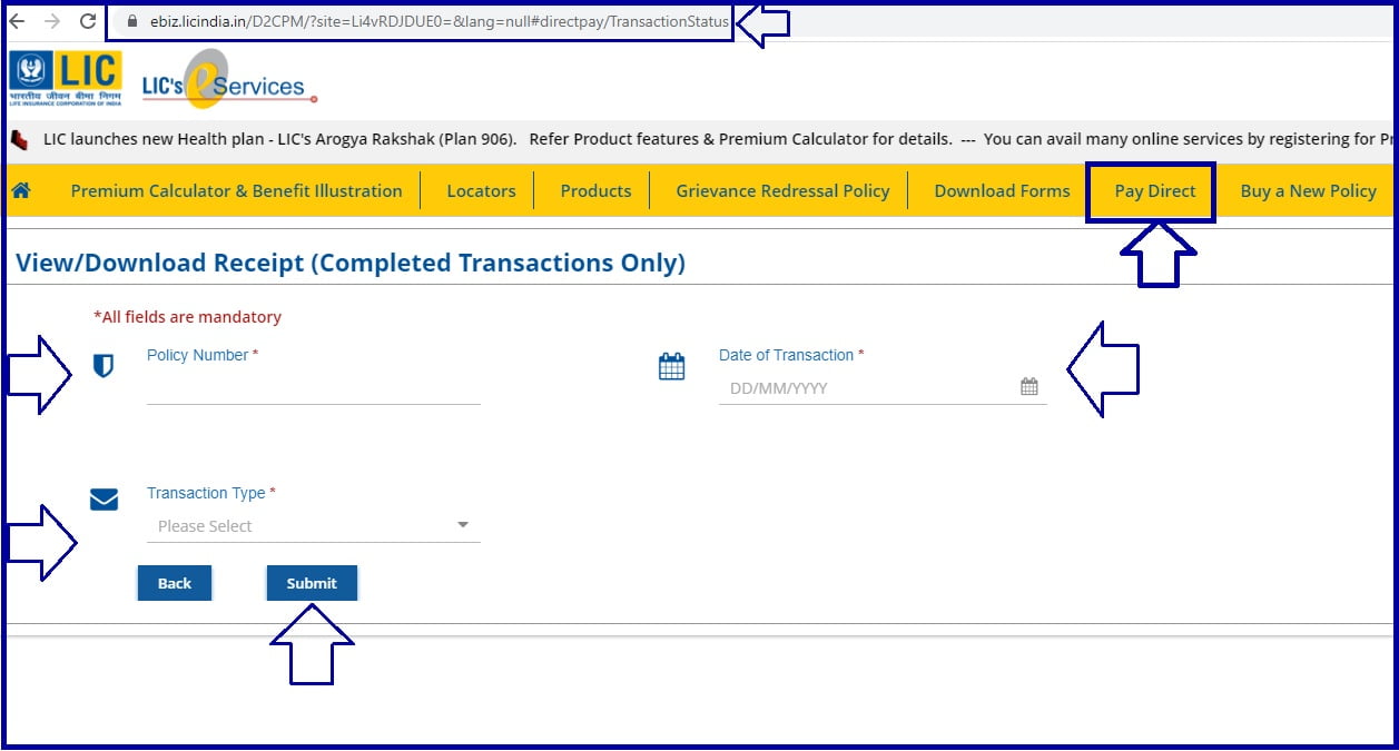 LIC Premium Receipt Download At Ebiz licindia in Login
